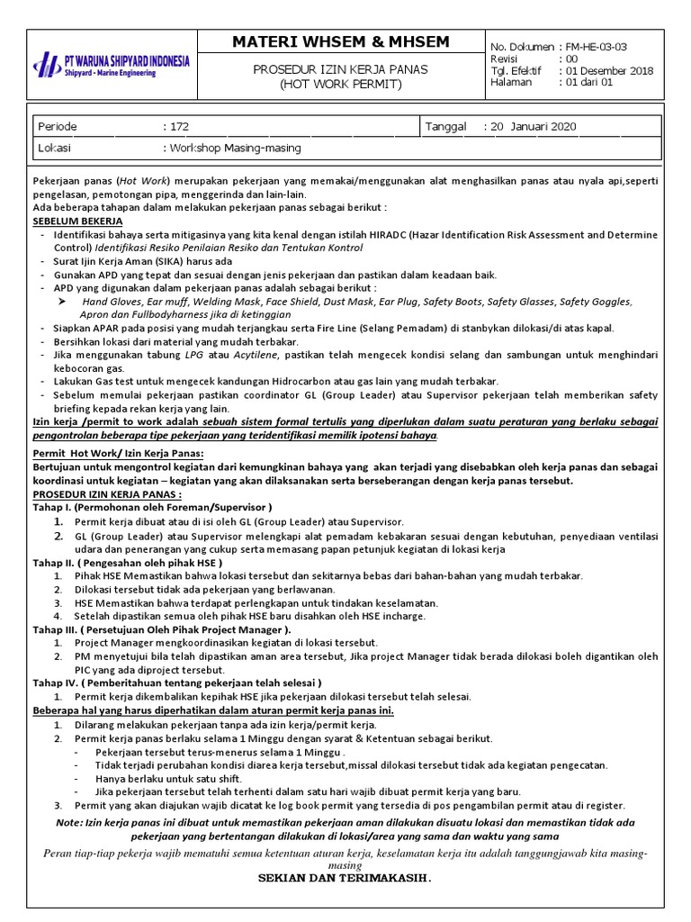 Whsem 172 Prosedur Izin Kerja Panas (Hot Work Permit) | PDF