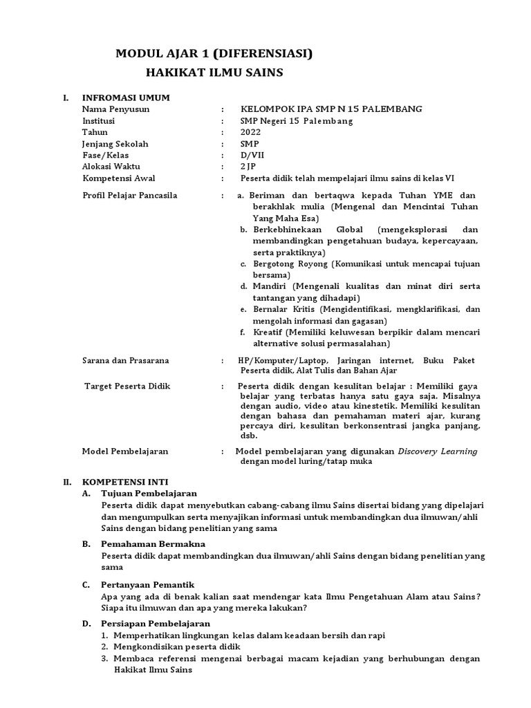 Modul Ajar Diferensiasi Hakikat Ilmu Sains | PDF