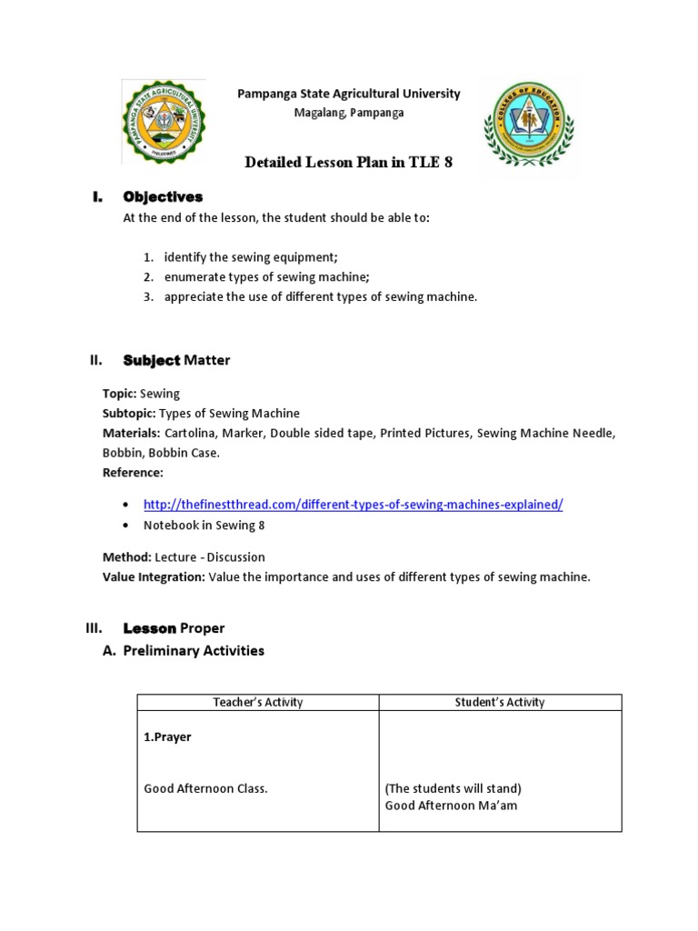 Detailed Lesson Plan in TLE 8 | Download Free PDF | Sewing | Sewing Machine