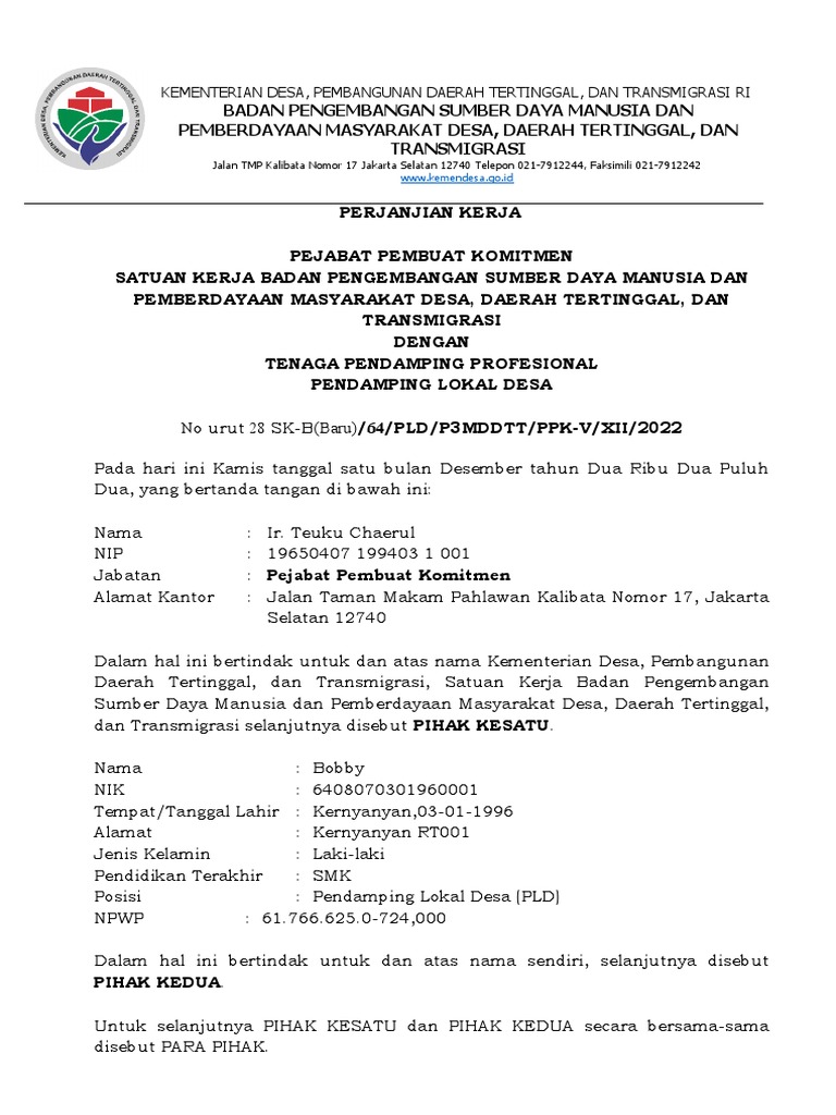 01 - Surat Perjanjian Kerja PLD 2022 Rekrutmen Baru 2022 | PDF | Pengelolaan Keuangan & Uang ...