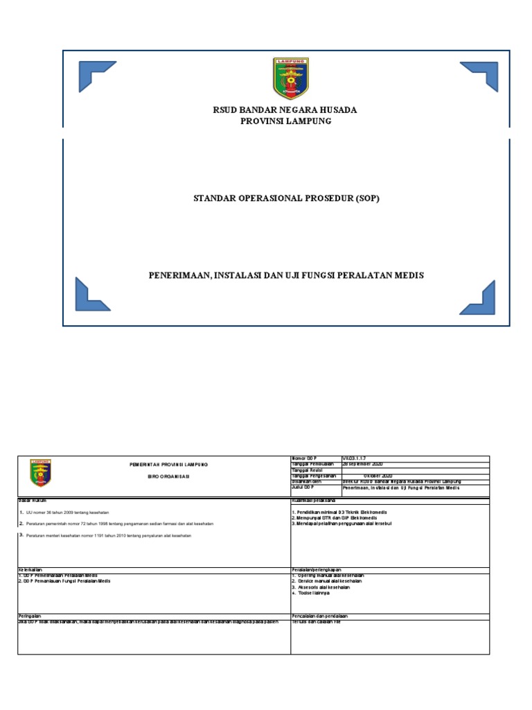 SOP Penerimaan Instalasi Dan Uji Fungsi Peralatan Medis | PDF