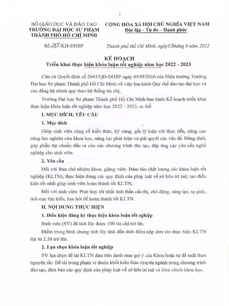 KH 295-KH Trien Khai Thuc Hien KLTN 2022-2023 | PDF