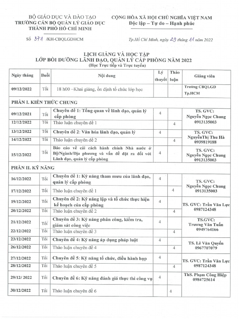 371 KHGD Lớp Lãnh Đạo Quản Lý Cấp Phòng Năm 2022 | PDF