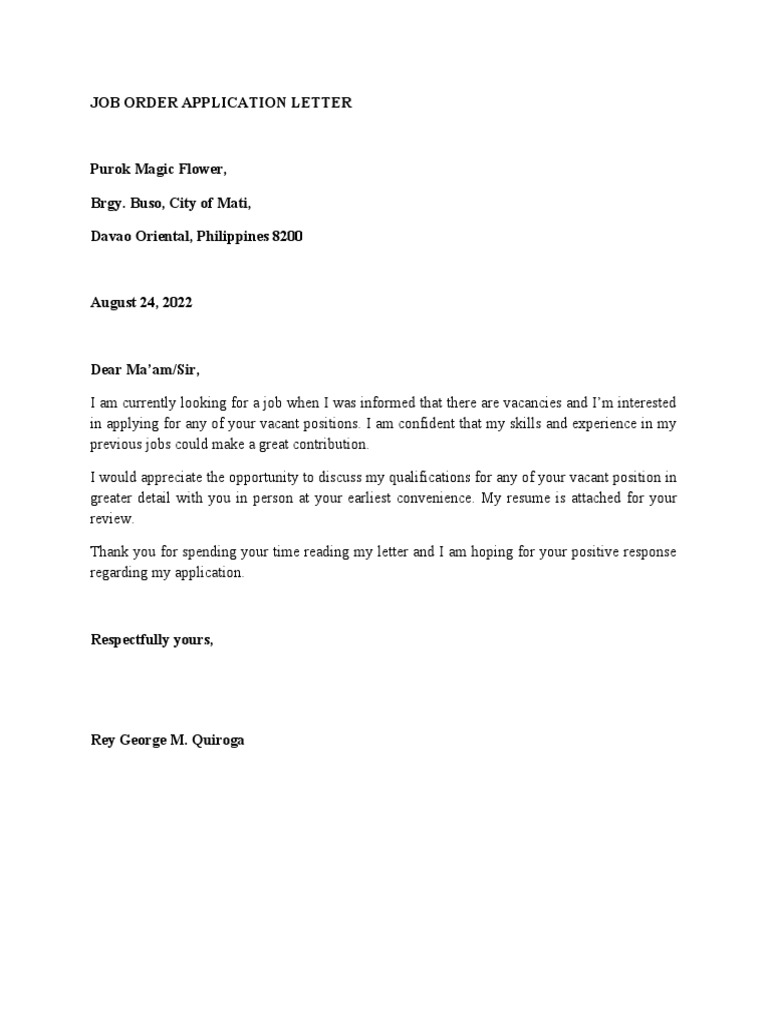 Job Order Application Letter Sample | PDF | Career & Growth