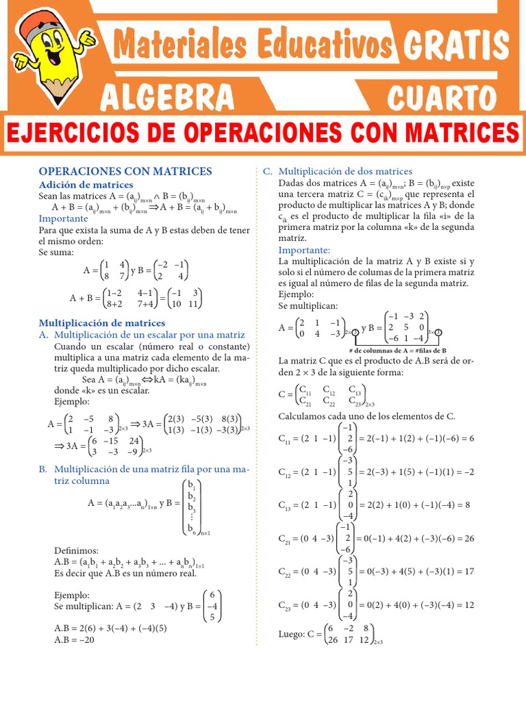 Ejercicios de Operaciones Con Matrices para Cuarto Grado de Secundaria ...