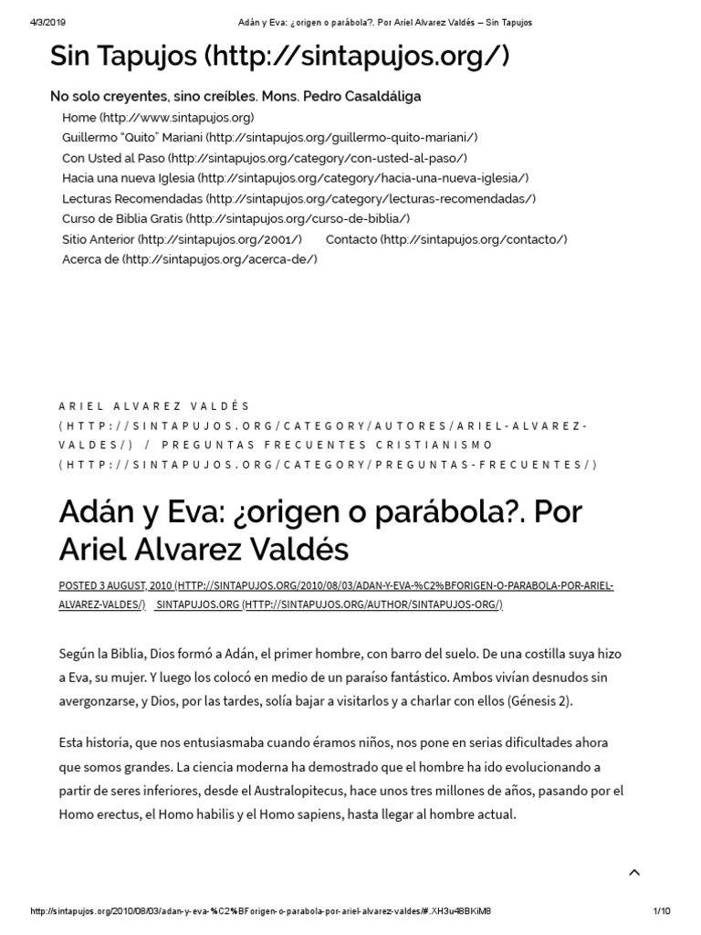 Ariel Álvarez Valdés [2010]. Adán y Eva ¿Origen o Parábola [Sintapujos.org] | PDF | Adán y Eva ...