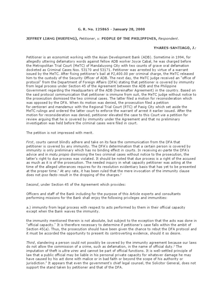 Jeffrey Liang vs. People of The Philippines | PDF | Sovereign Immunity ...