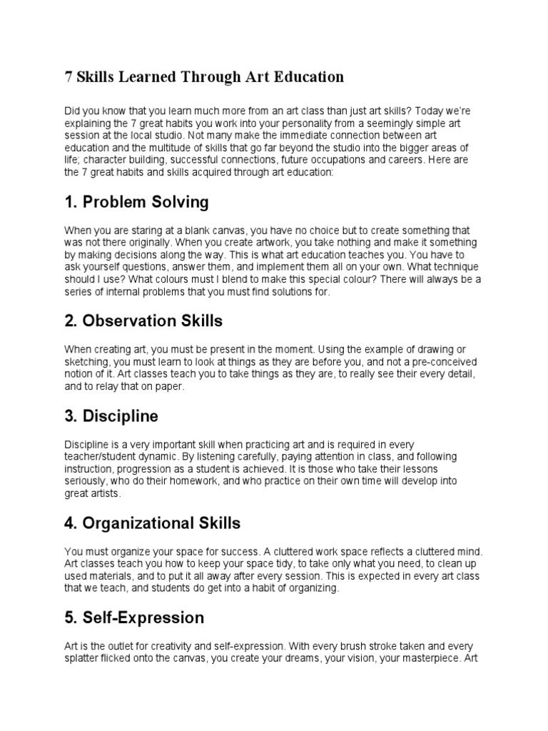 Skills Developed Through Art Education | PDF | Disciplines ...