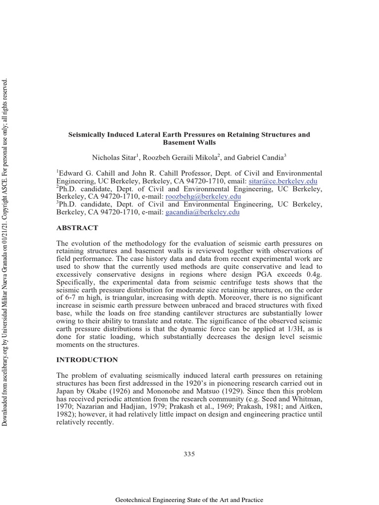 Seismically Induced Lateral Earth Pressures On Retaining Structures and Basement Wall | PDF ...