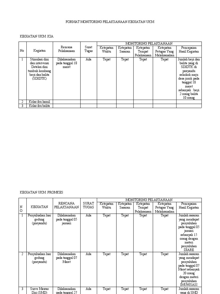 Contoh Form Monitoring Pelaksanaan Kegiatan Ukm | PDF
