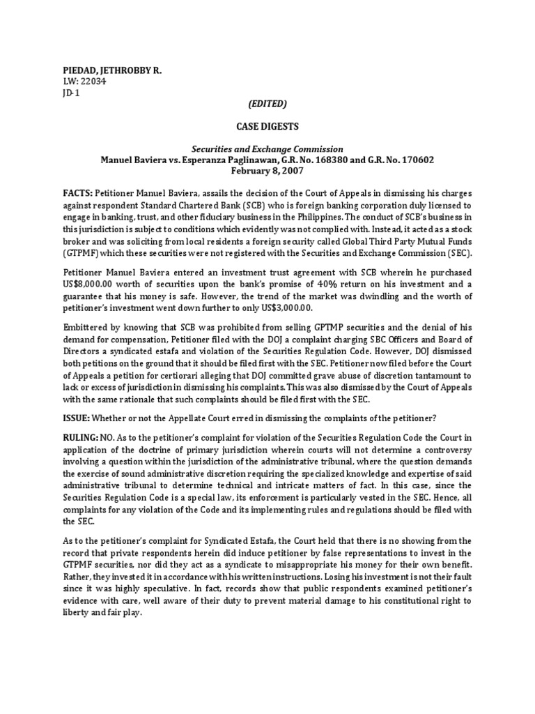 SEC Case Digest: Baviera vs. SCB | PDF | Complaint | U.S. Securities ...
