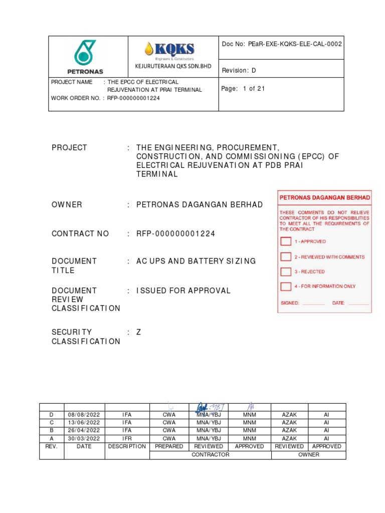 Pear Exe Kqks Ele Cal 0002 - Ac Ups and Battery Sizing - Revd | PDF ...