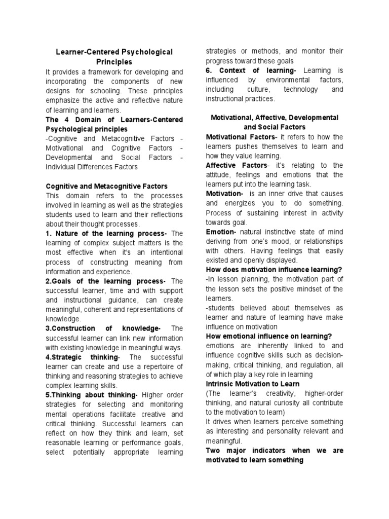 Learner-Centered Psychological Principles | PDF | Motivational | Motivation