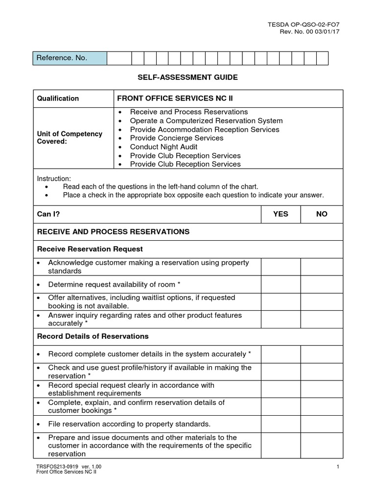 SAG - Front Office Services NC II | PDF | Cheque | Payments