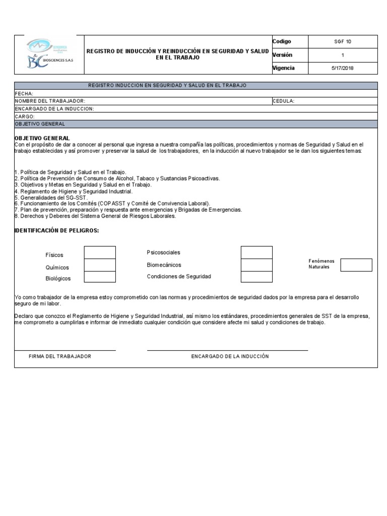 SGF 10 Registro de Inducción y Reinducción SST | PDF