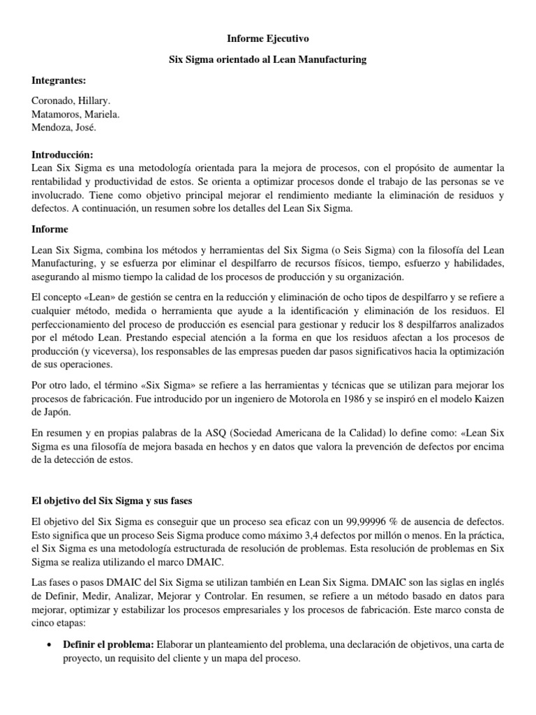 Informe Ejecutivo - Six Sigma | PDF | Six Sigma | Lean Manufacturing
