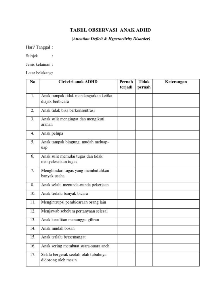 Tabel Observasi Anak Adhd - Rev | PDF