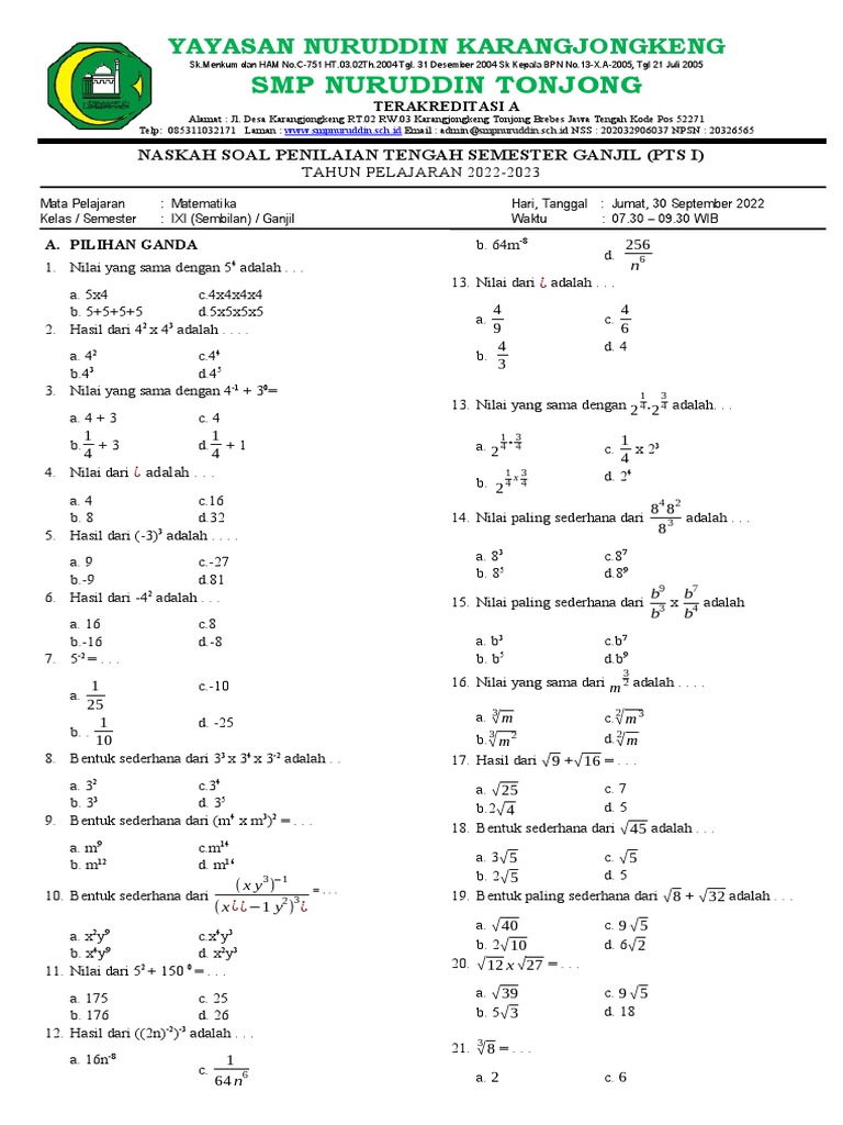 Soal PTS Matematika Kelas 9 Semester 1 | PDF