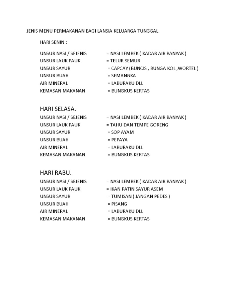 Menu Sehat Harian untuk Lansia | PDF