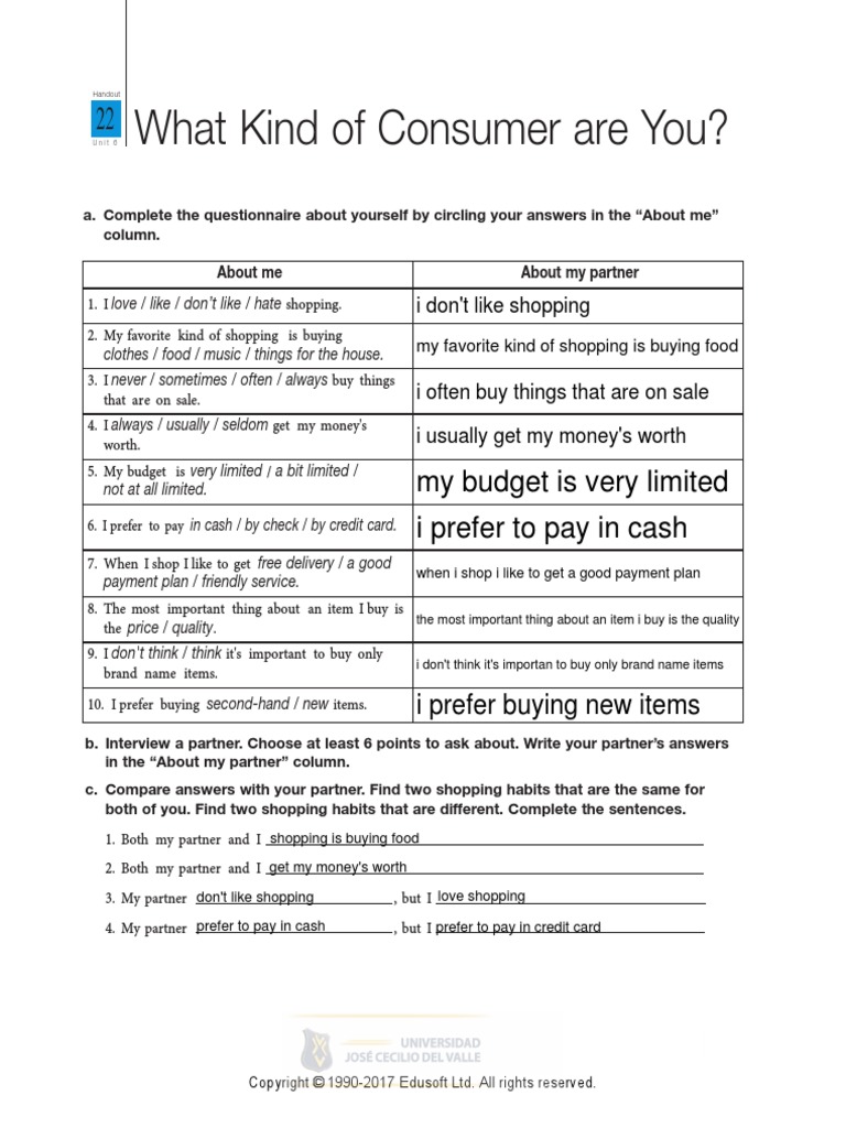 06 Intermediate II Handout 22 Unit 6 Money Matters What Kind of ...