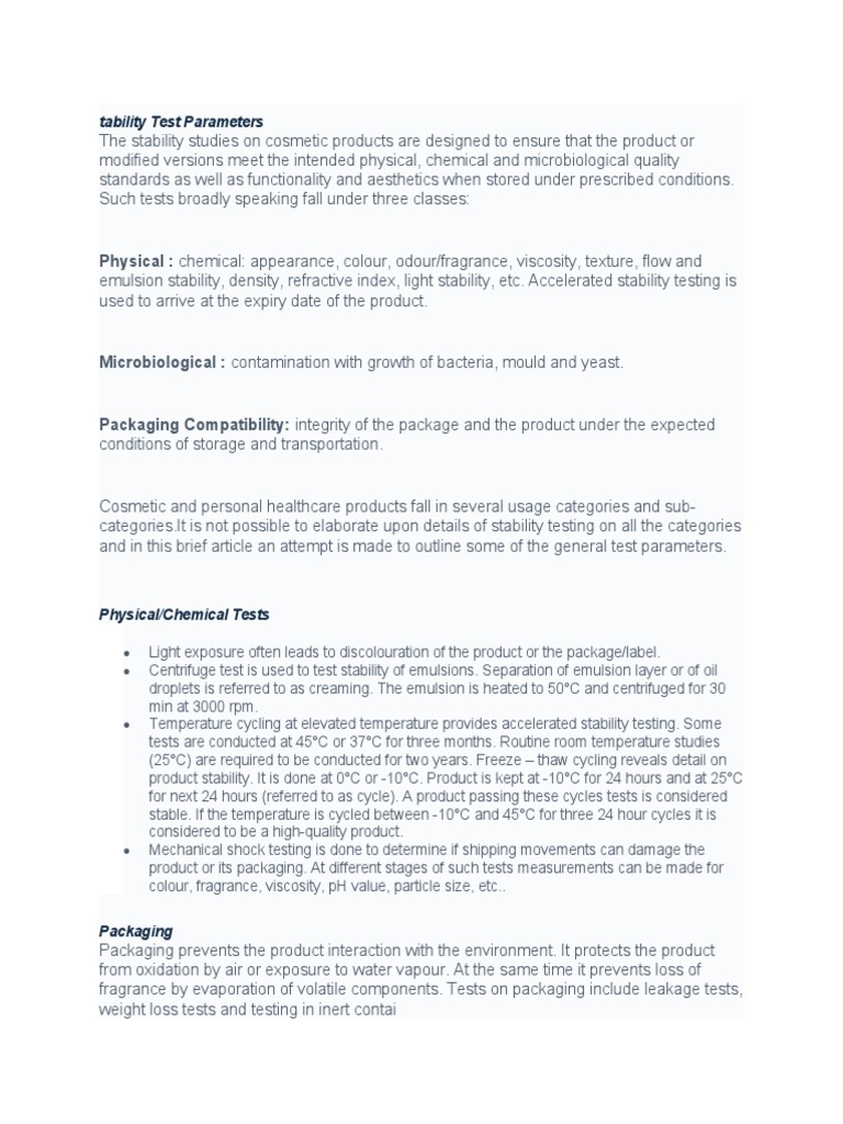 Parameter Test Stability | PDF | Emulsion | Packaging And Labeling