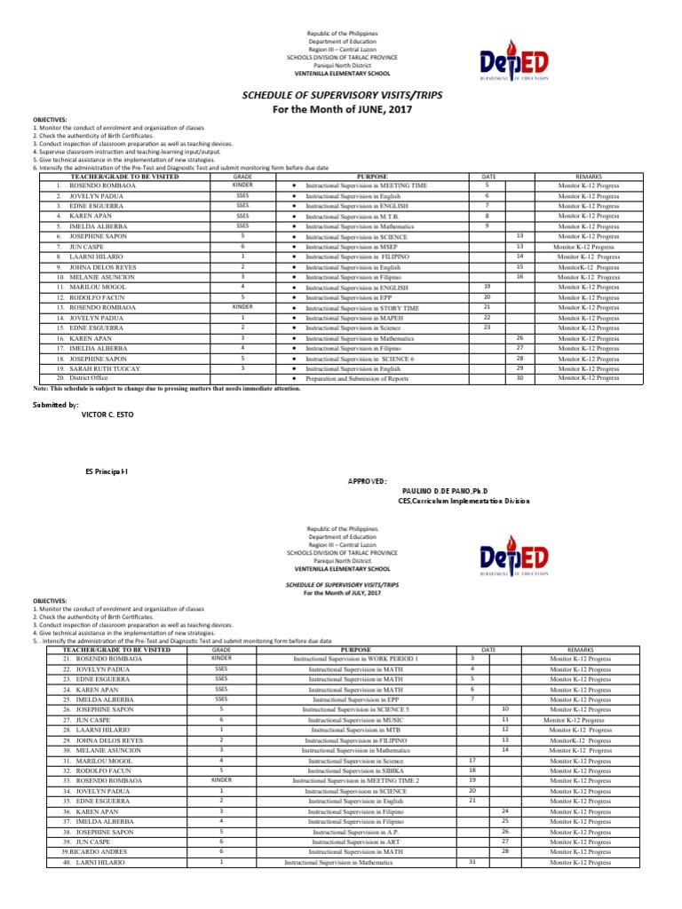 2016 Schedule of Supervisory Visits | PDF | K–12