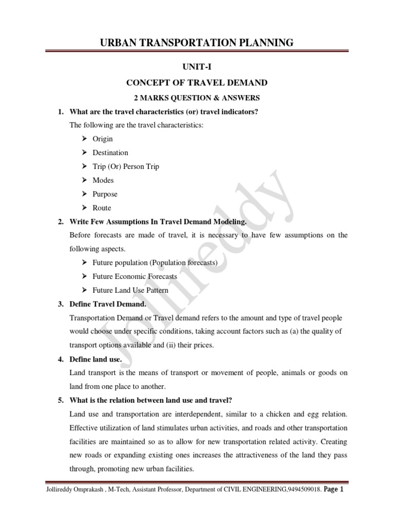 Understanding Urban Transportation: An Analysis of Travel Demand Factors, Land Use Relationships ...