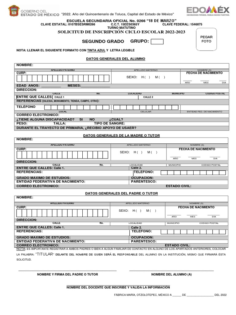 Solicitud de Inscripcion 2° | PDF