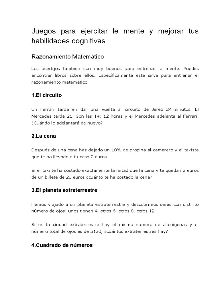 Juegos para Ejercitar Le Mente y Mejorar Tus Habilidades Cognitivas | PDF