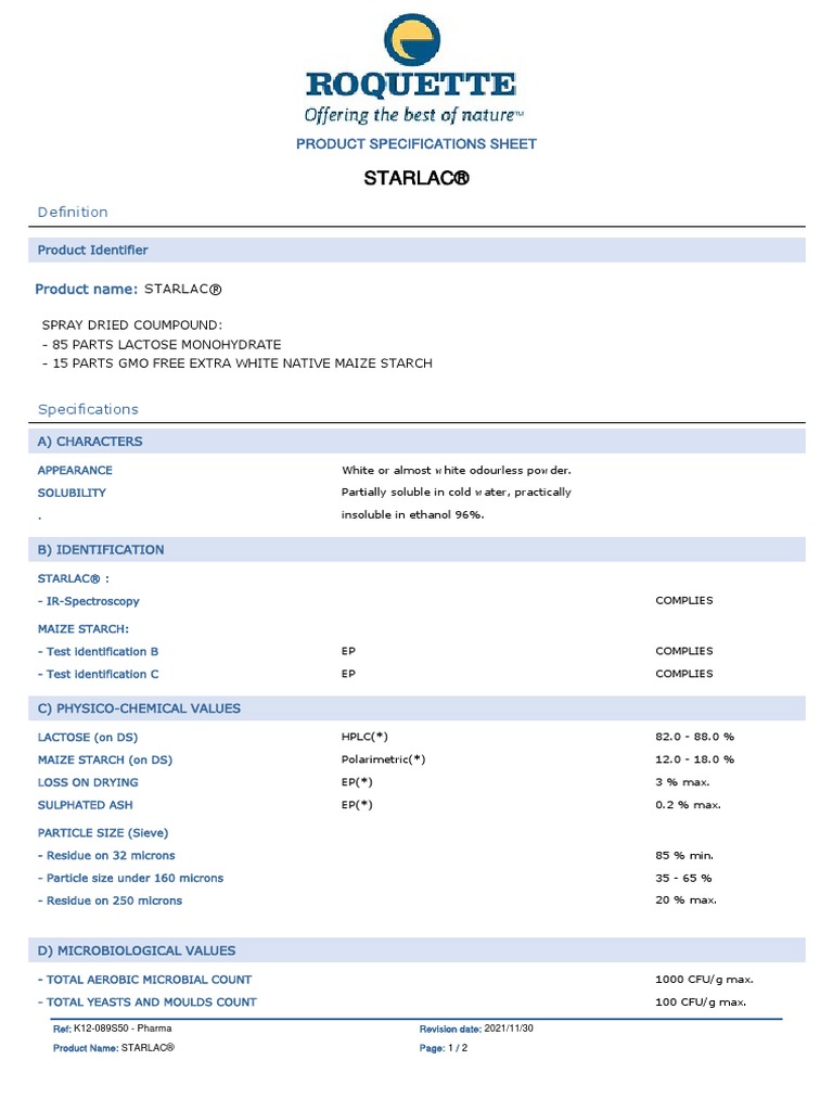 Roquette Quality Specification Sheet STARLAC 50 690089 en | PDF ...