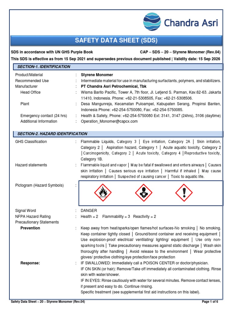 Styrene Monomer Safety Data Sheet | PDF | Toxicity | Firefighting