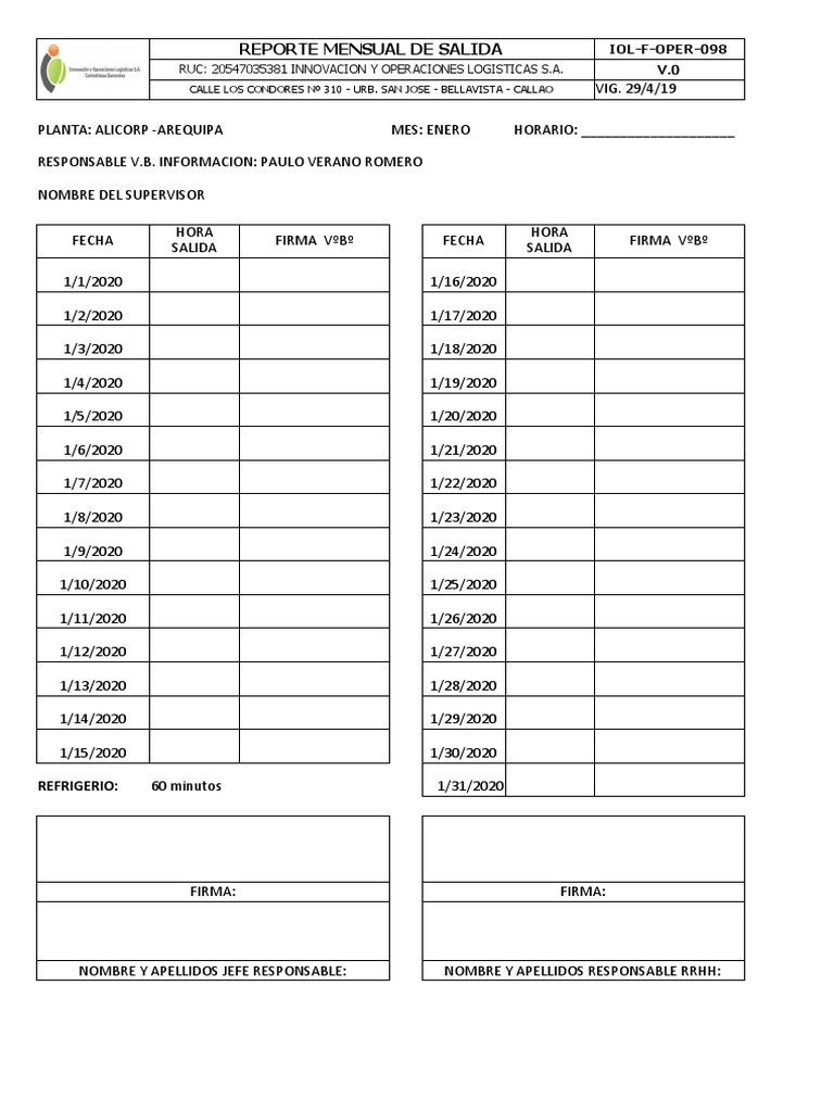 Reporte Mensual de Salida - Domingos Jonathan | PDF