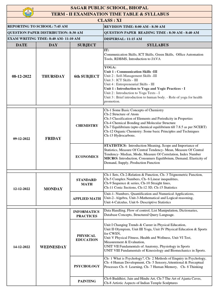 Class XI Term II Exam Schedule | PDF | Chemistry | Psychology