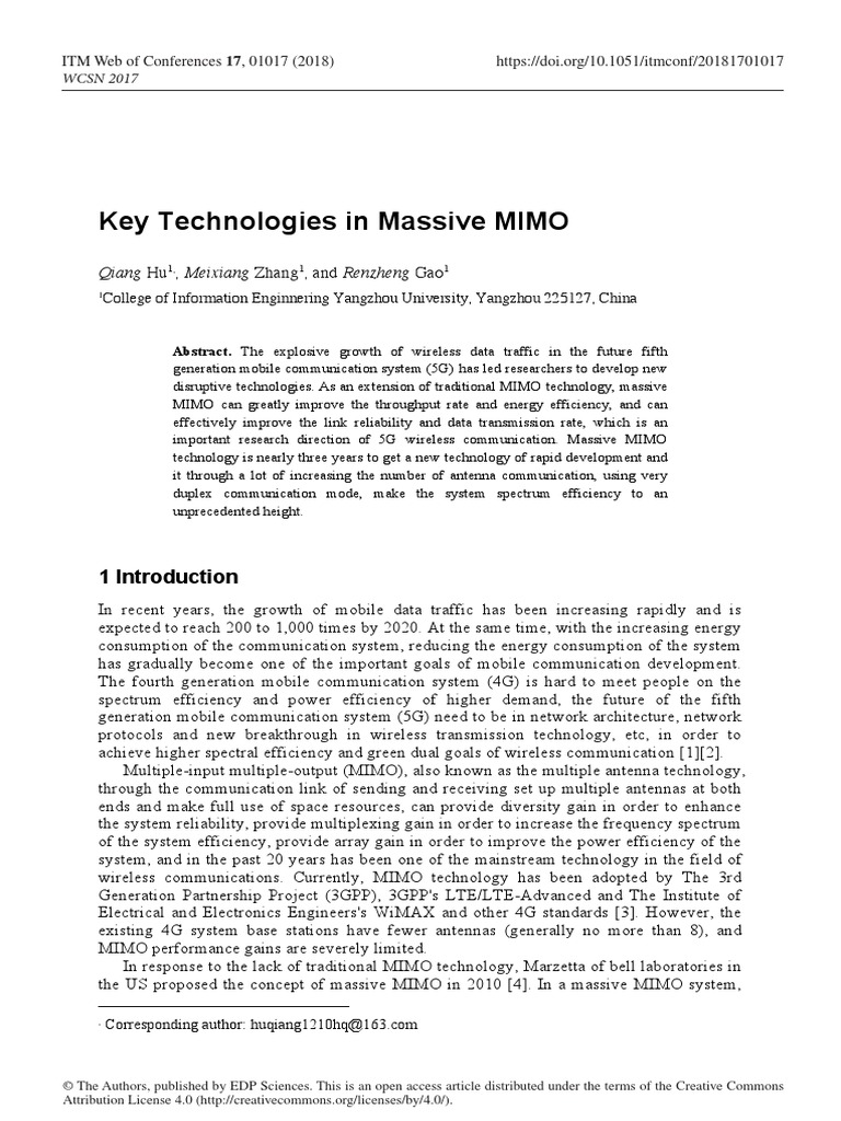 Key Technologies in Massive MIMO | PDF | Mimo | 4 G
