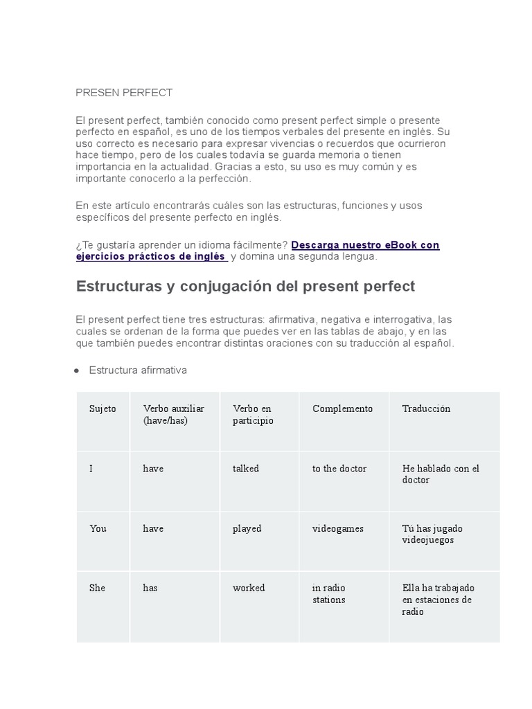 Guía Completa del Present Perfect | PDF | Verbo | Morfología Lingüística