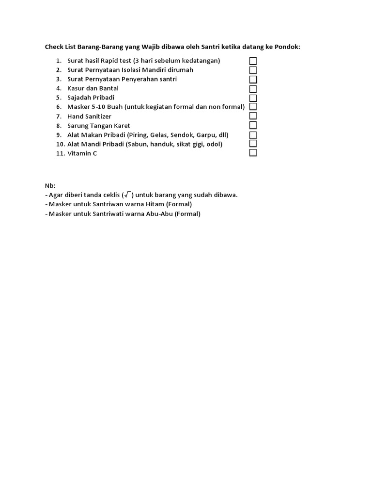 Check List Barang Santri | PDF