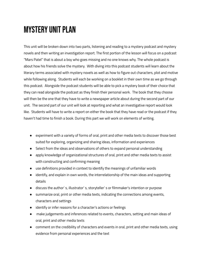 Mystery Unit Plan | Download Free PDF | Experience | Books