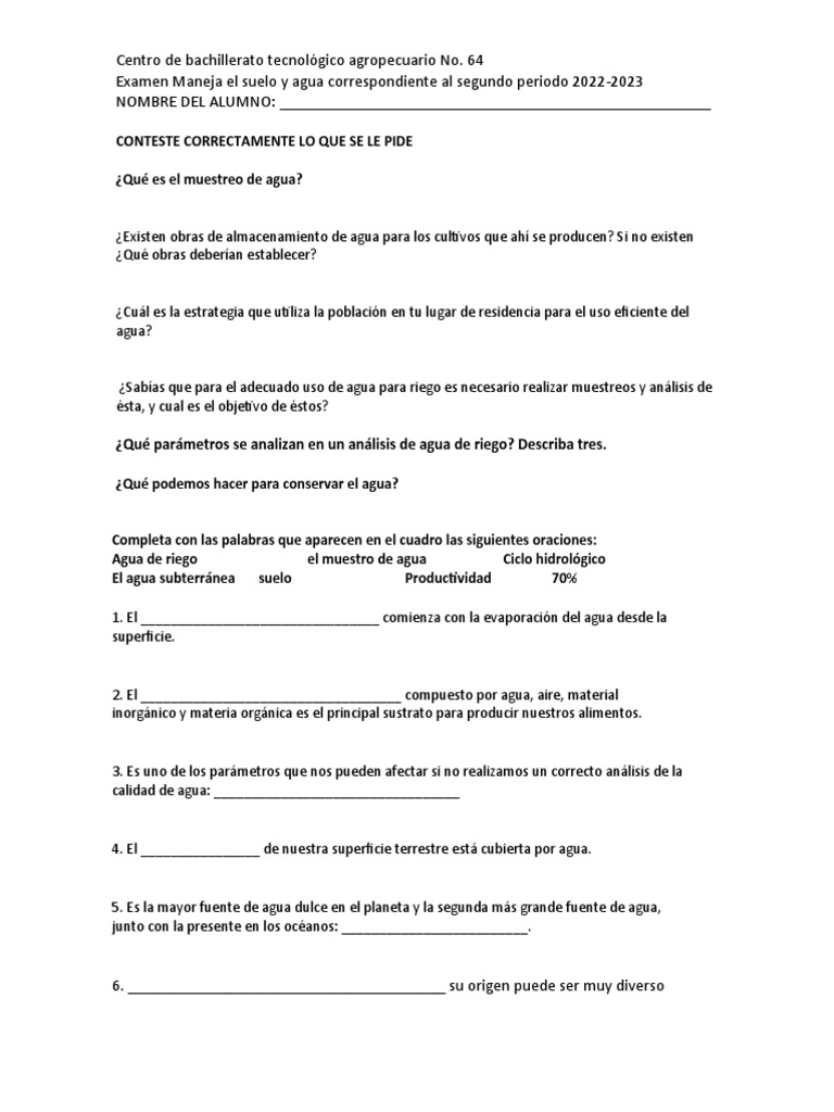 Examen Manejo Suelo y Agua 2022-2023 | PDF | Agua | Suelo