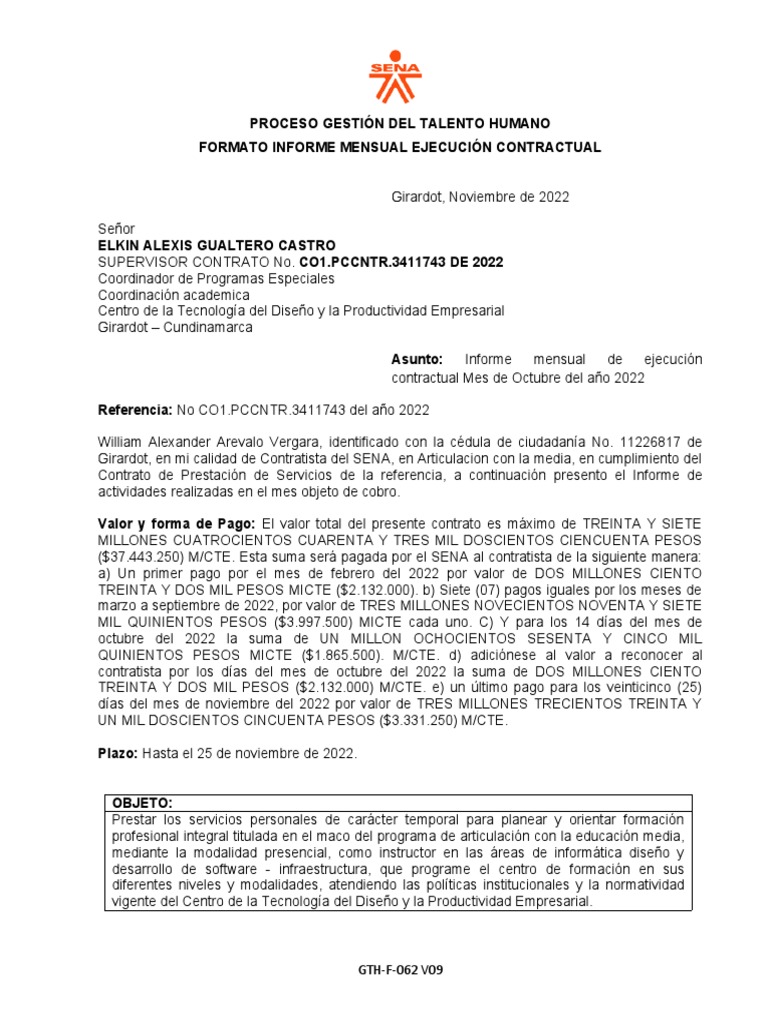 Gth-f-062-V09 Informe Mensual de Ejecucion Contractual | PDF | Evaluación | Aprendizaje