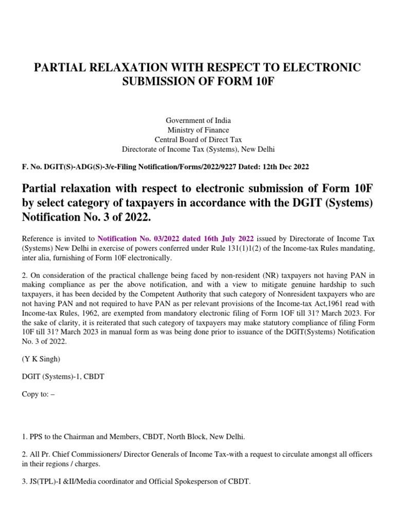Partial Relaxation With Respect To Electronic Submission of Form 10F ...