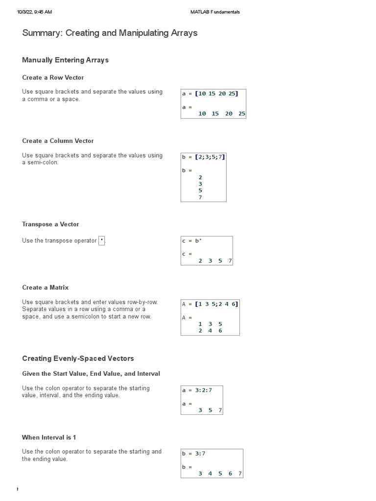 MATLAB Fundamentals | PDF | Matrix (Mathematics) | Matlab MATLAB Fundamentals | PDF | Matrix (Mathematics) | Matlab