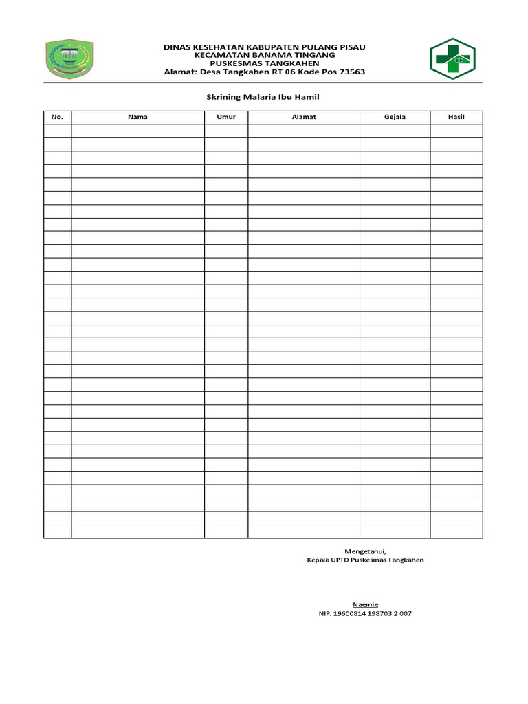 Form Skrining Malaria Ibu Hamil | PDF