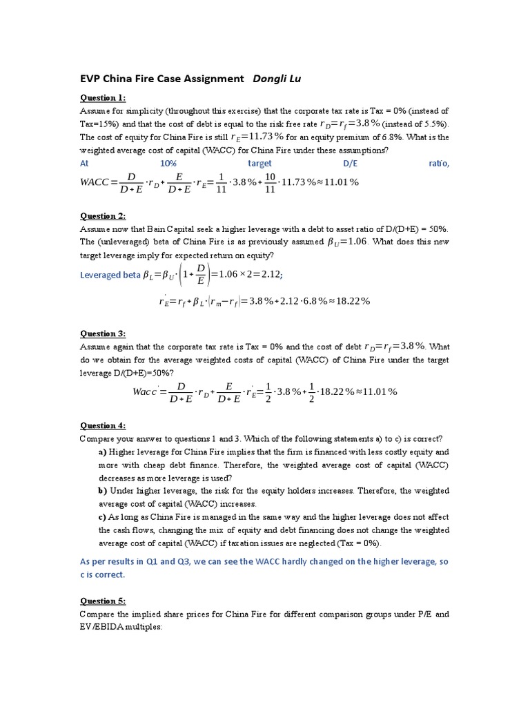 China Fire Case Assignment | PDF | Cost Of Capital | Beta (Finance)