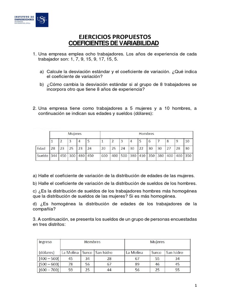 Semana 10 - Material Complementario - Ejercicios Propuestos - Coeficiente de Variabilidad.. | PDF