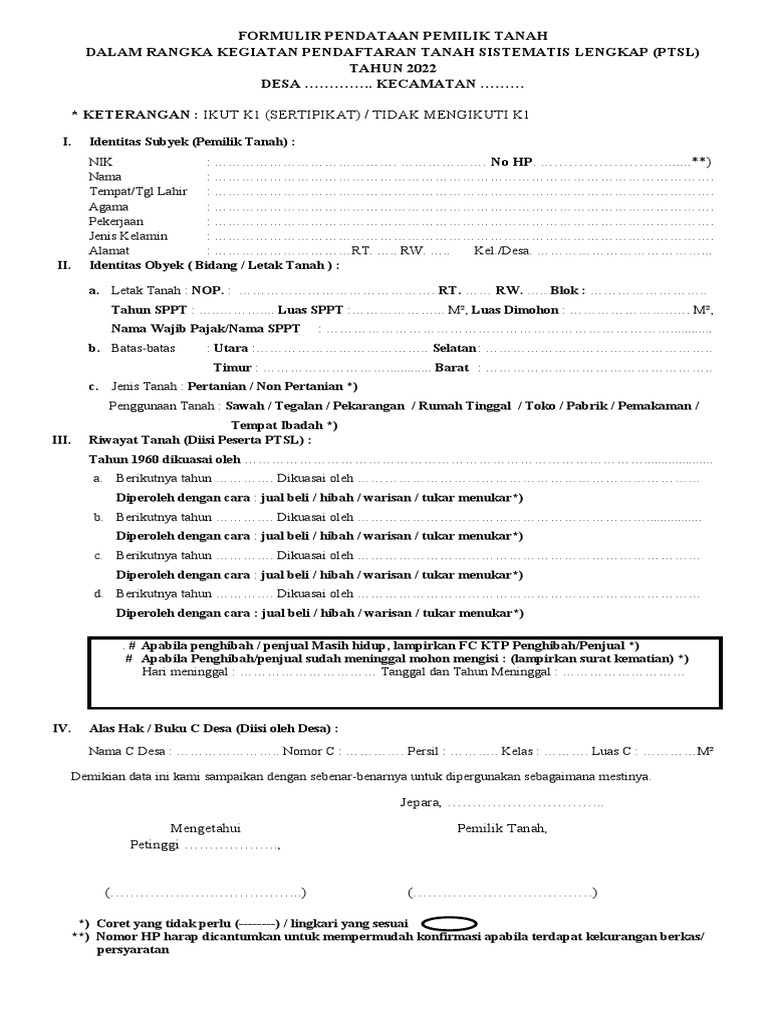 Formulir Pendataan PTSL 2022 | PDF