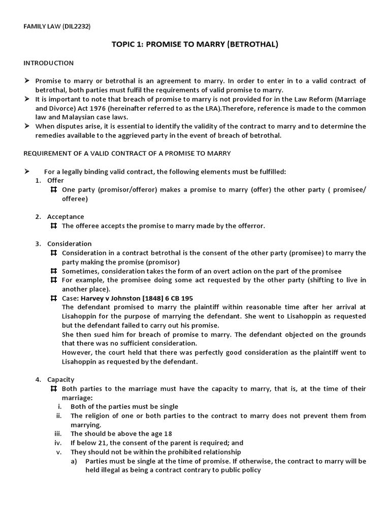 Topic 1 - Promise To Marry (Betrothal) | PDF | Damages | Breach Of Contract