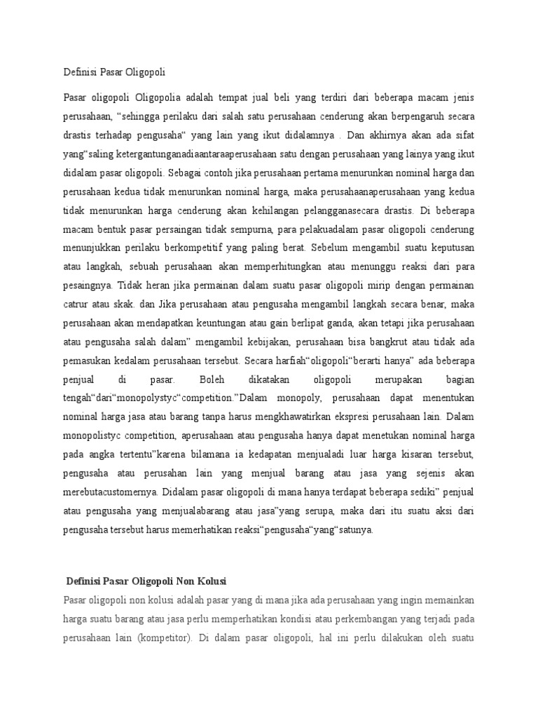 Definisi Pasar Oligopoli | PDF | Pengelolaan Keuangan & Uang | Bisnis