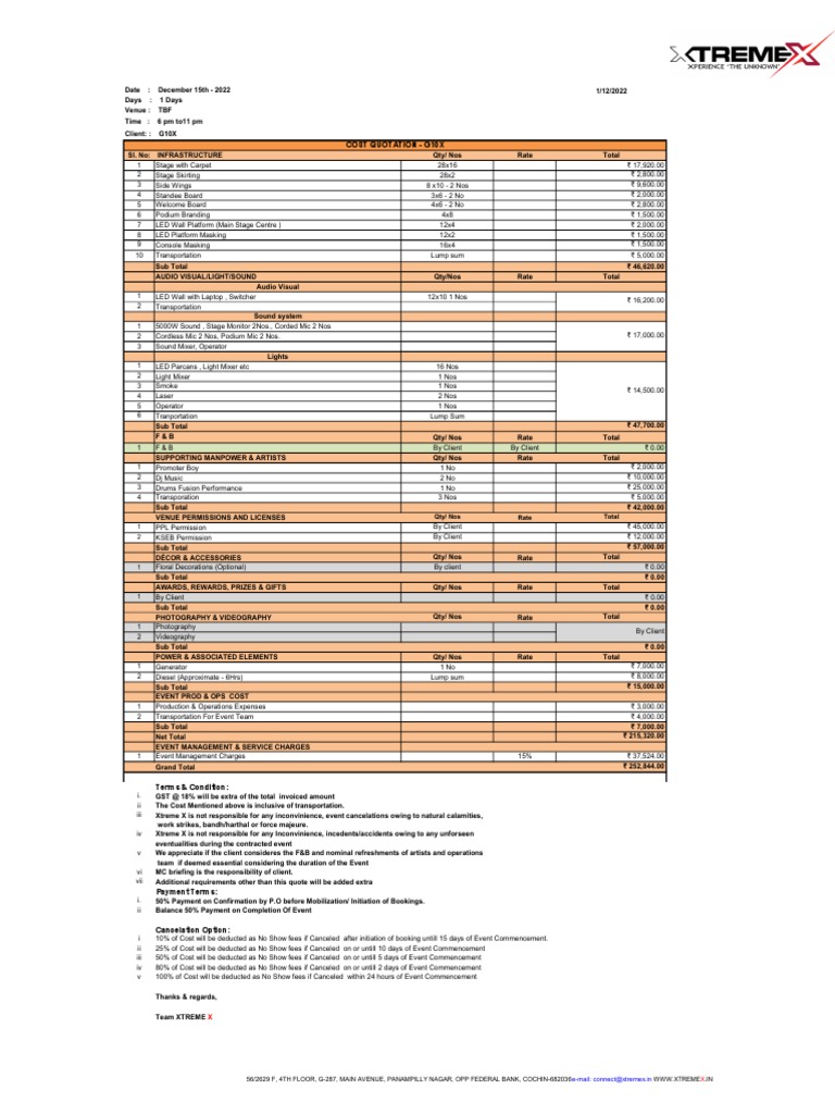 G10X - Cost Quotation - XtremeX | PDF | Sound | Sound Production