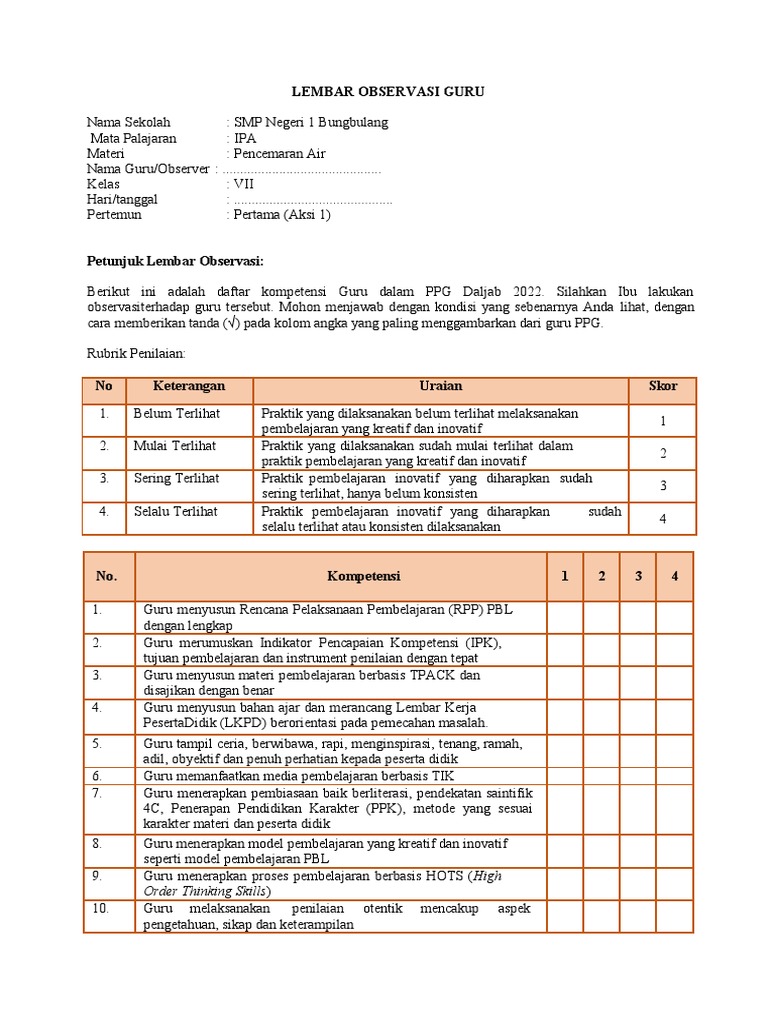 2.lembar Observasi Guru | PDF