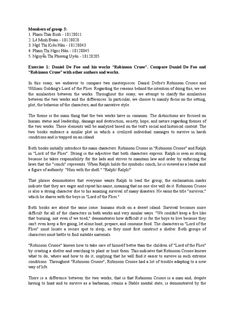 Comparison Reflection Exercises Group 3 | PDF | Robinson Crusoe